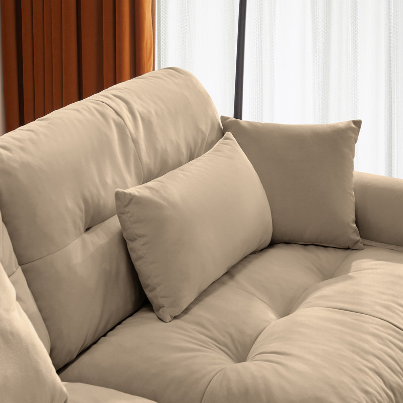 Velvet 2 Seater Sofa with Ottoman aist Pillow and Throw Pillows Mercer41 Upholstery Color Camel